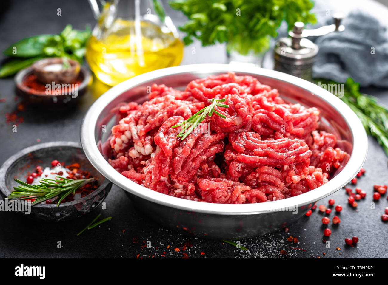 Mince. Ground meat with ingredients for cooking Stock Photo - Alamy