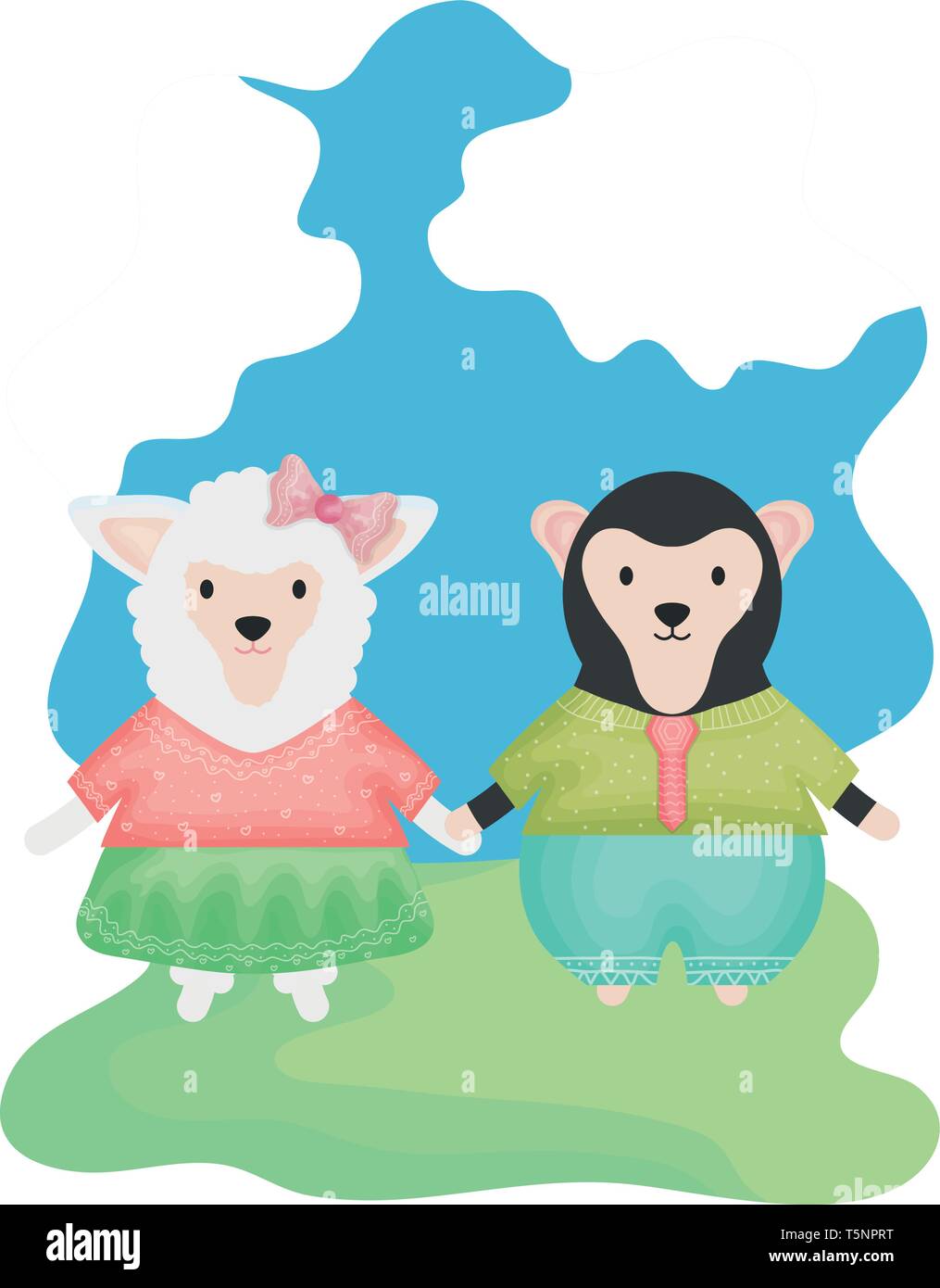 cute female sheep with monkey vector illustration design Stock Vector ...