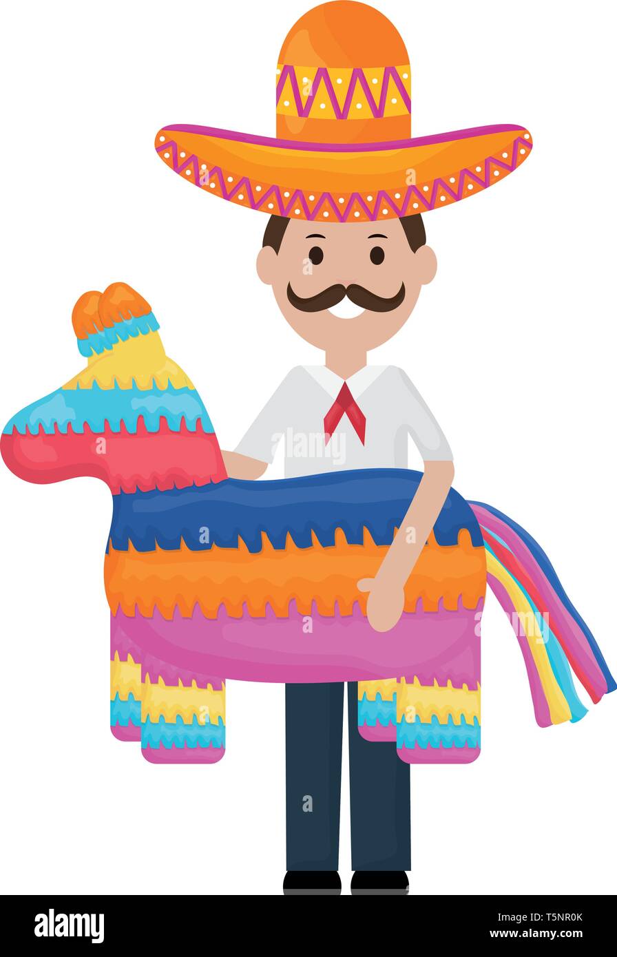 mexican man with mariachi hat and pinata vector illustration design ...