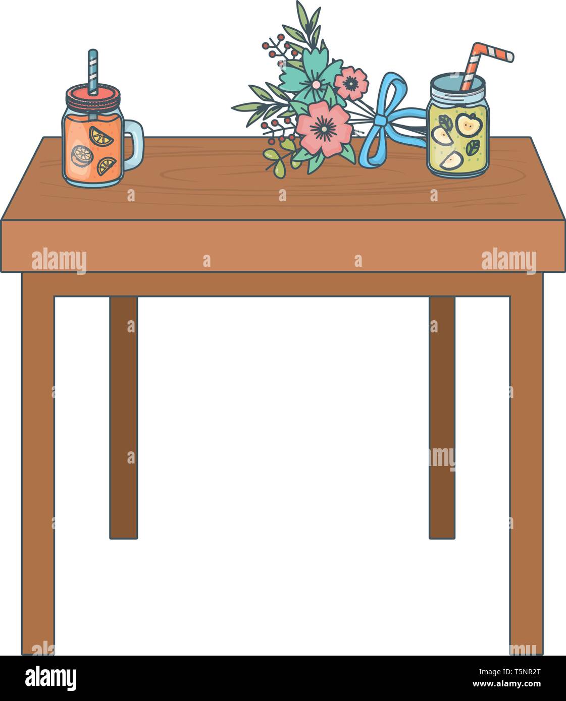 floral nature flowers over wooden table with tropicals juices glasses ...