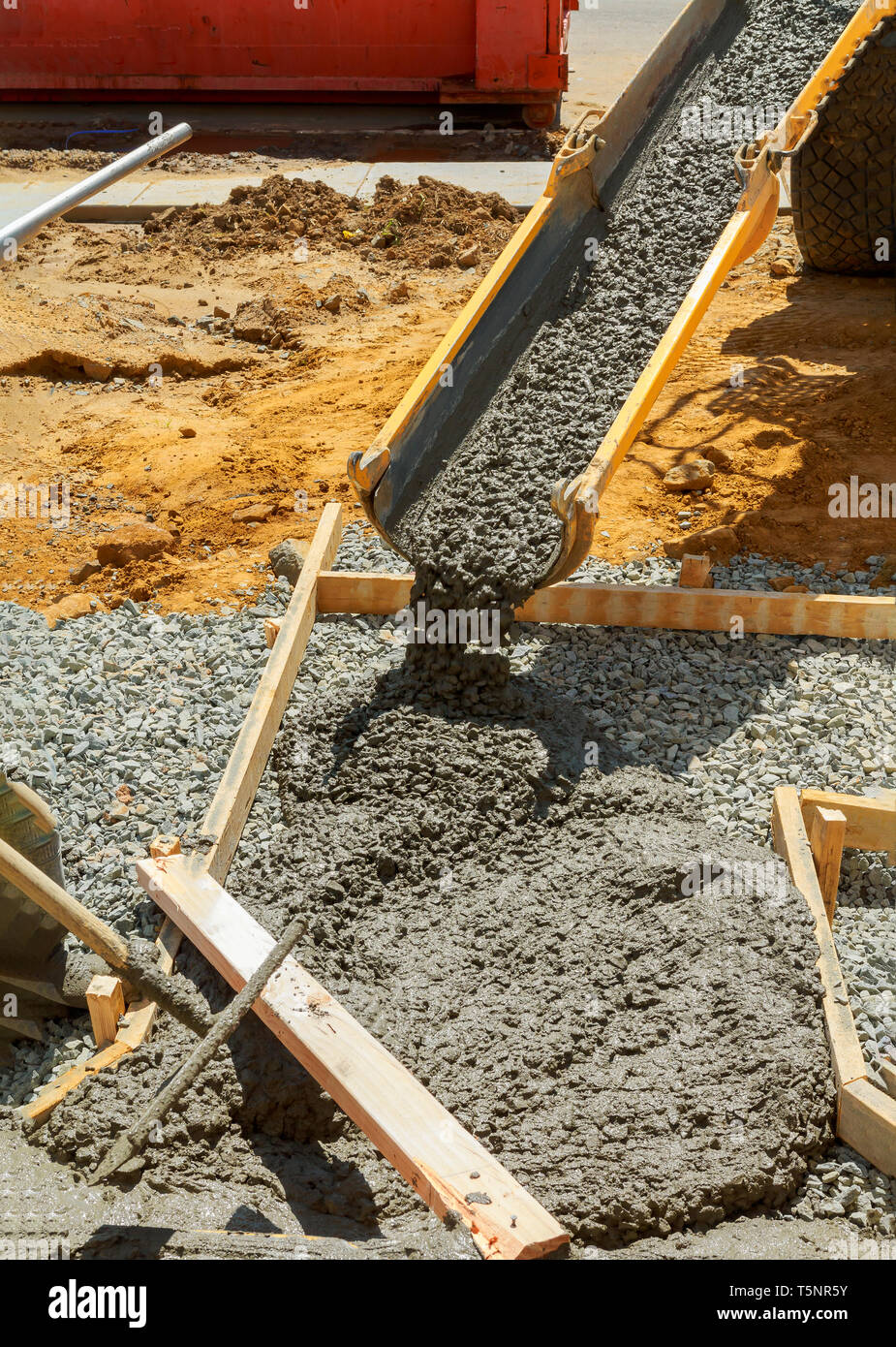 Worker working for concrete pavement for ground flooring at ...