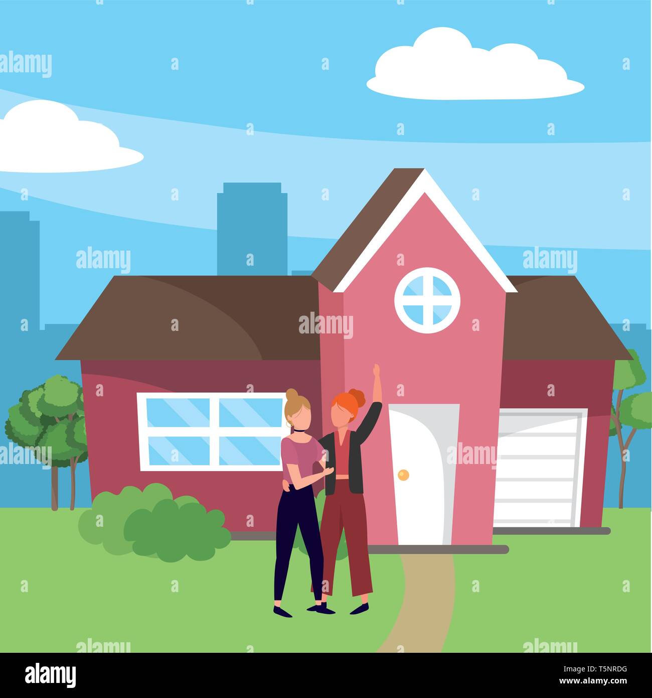 casual happy people women friends in front urban house home cartoon ...