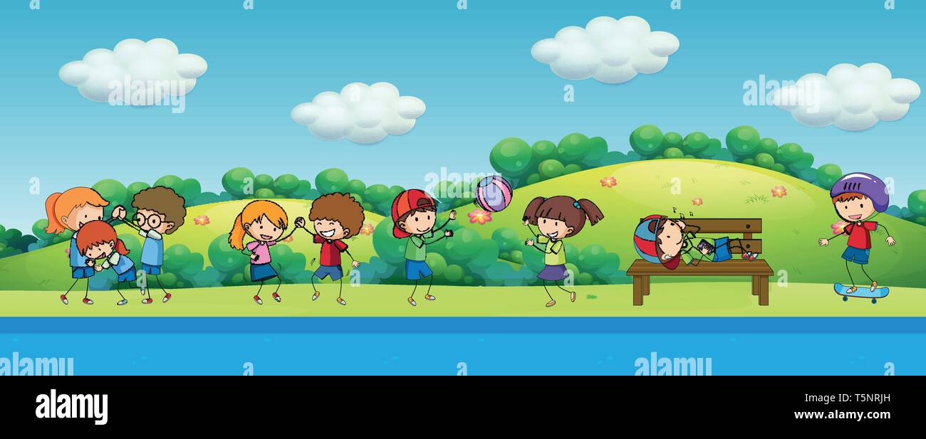 Doodle children playing in the park illustration Stock Vector Image ...