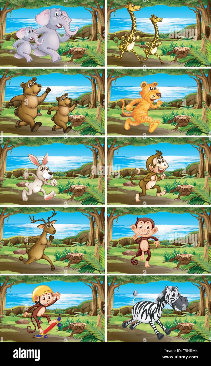 Set of animals in nature scenes illustration Stock Vector Image & Art ...