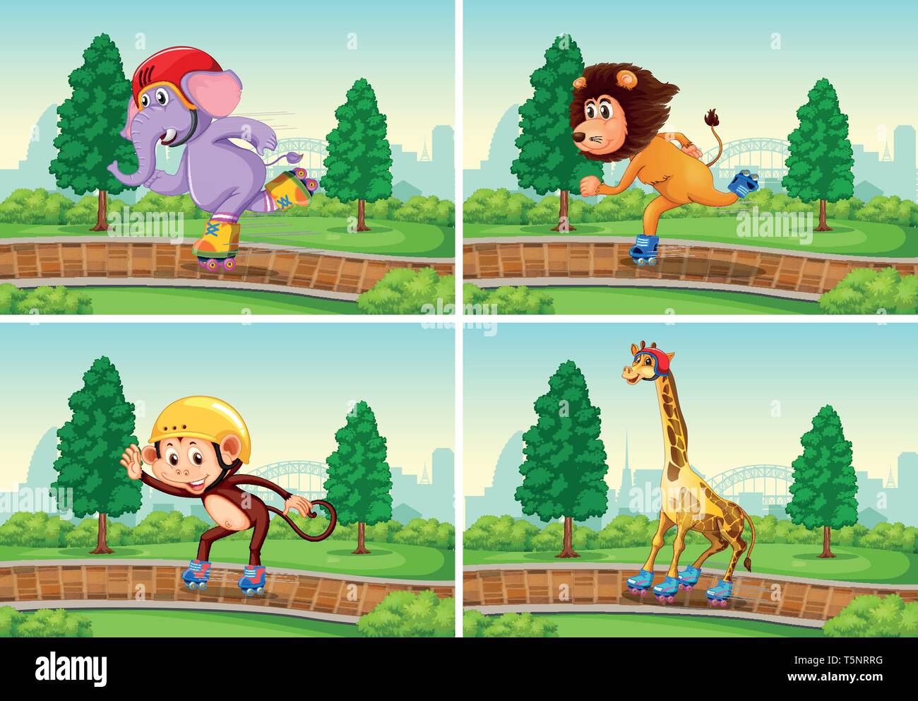 Set of animal playing rollerskate in the park illustration Stock Vector ...
