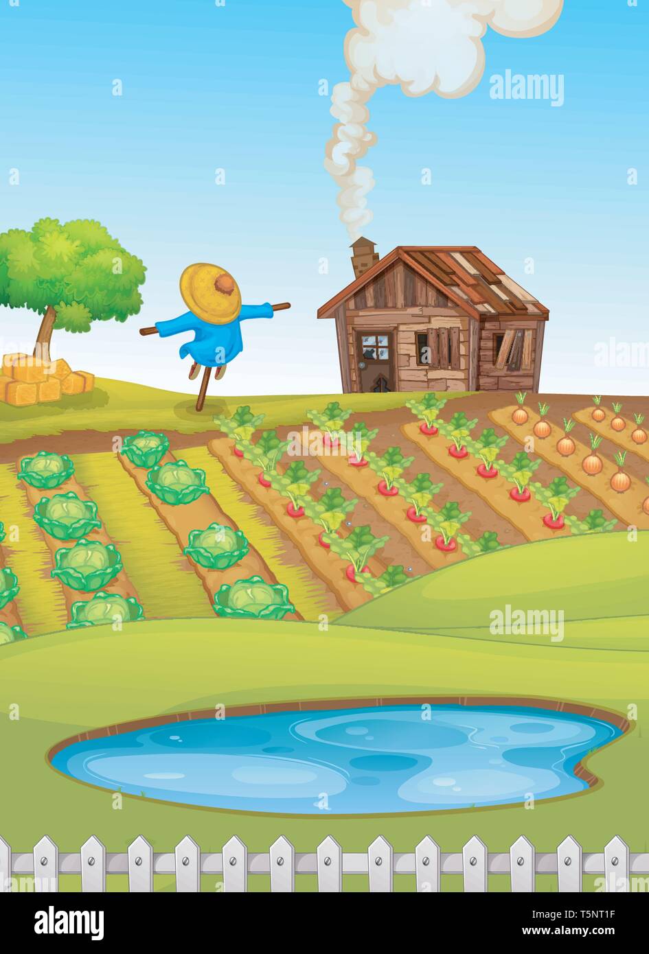 Farm scene with pond in foreground and crops in the background ...