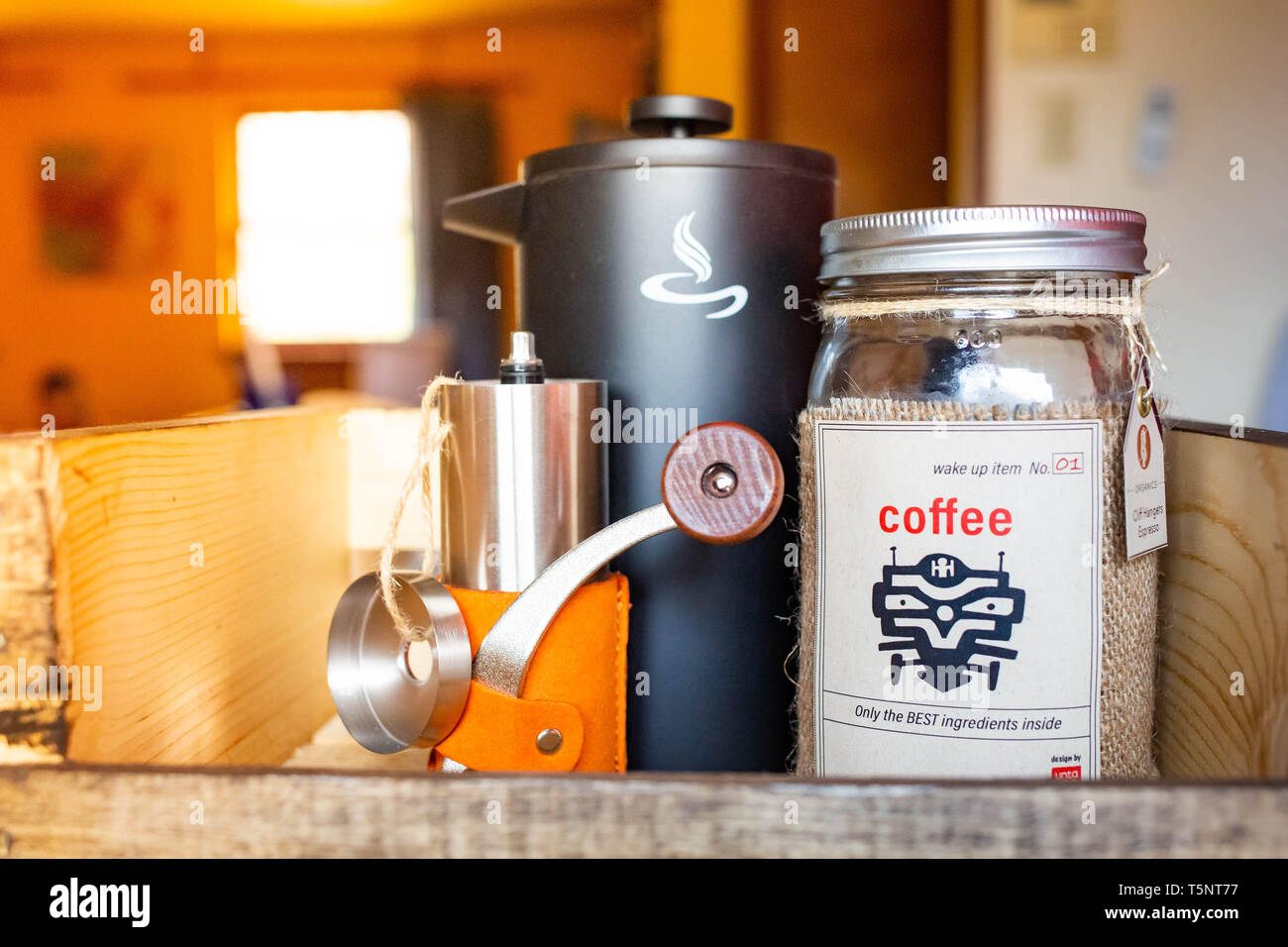 Morning wake up coffee set with kettle and grinder in tray Stock Photo ...