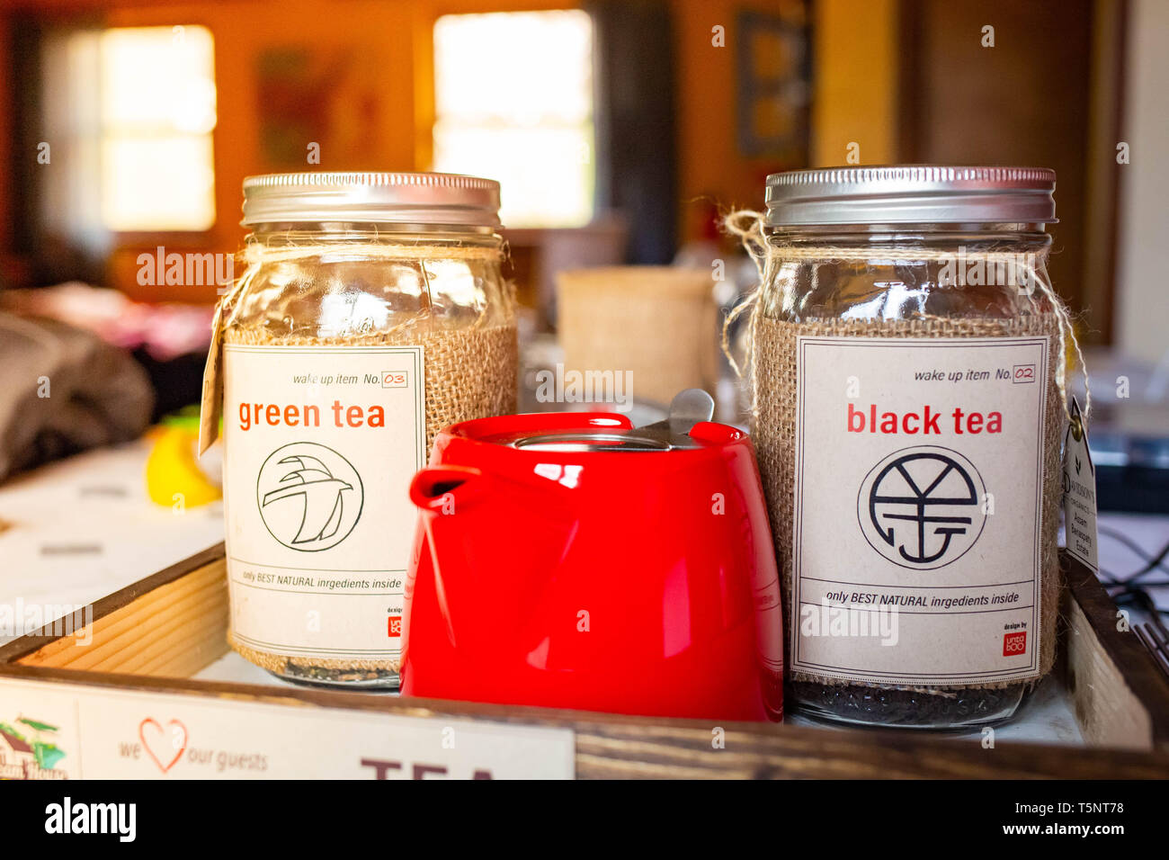 Morning wake up tea set with kettle and black green tea in tray Stock ...