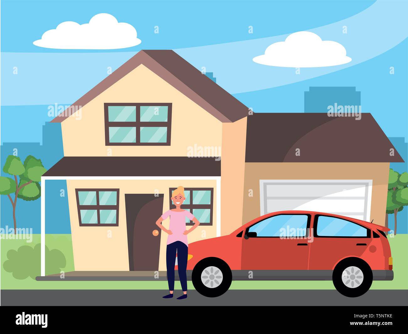casual happy people young woman at urban big house home cartoon vector ...