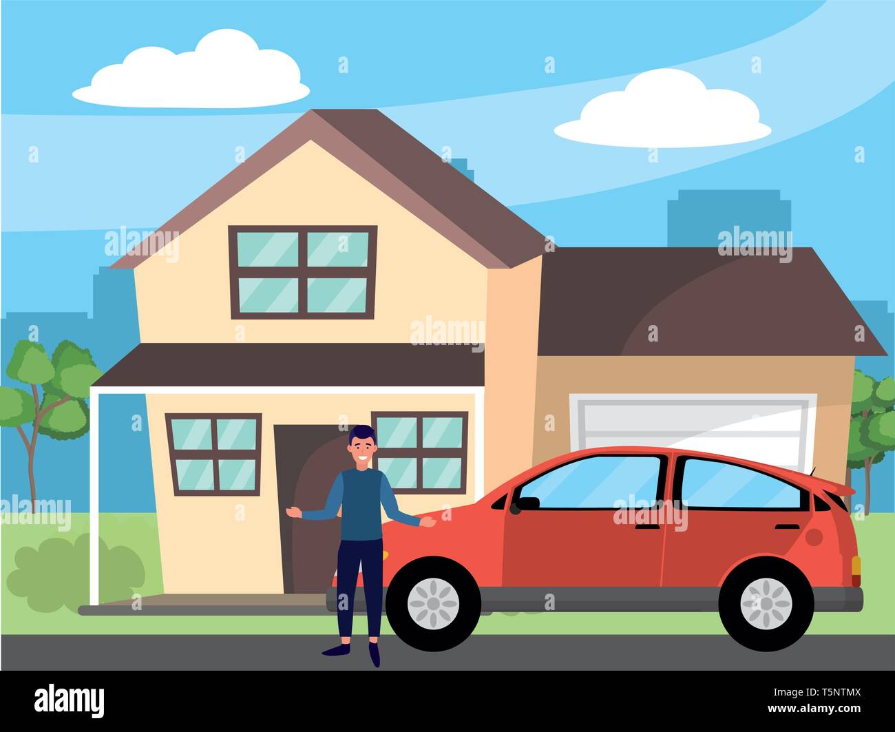 casual happy people young man at urban big house home cartoon vector ...