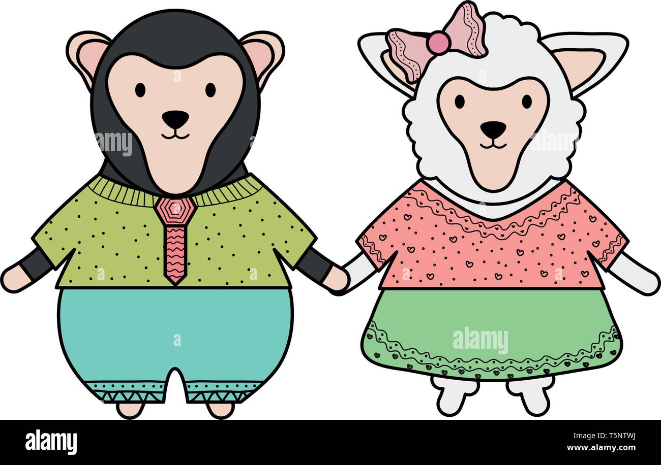 cute female sheep with monkey vector illustration design Stock Vector ...