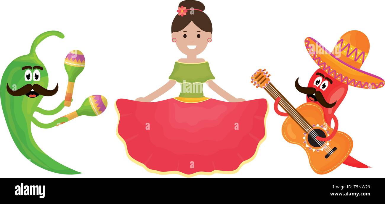 beautiful mexican woman with chilli peppers characters vector ...
