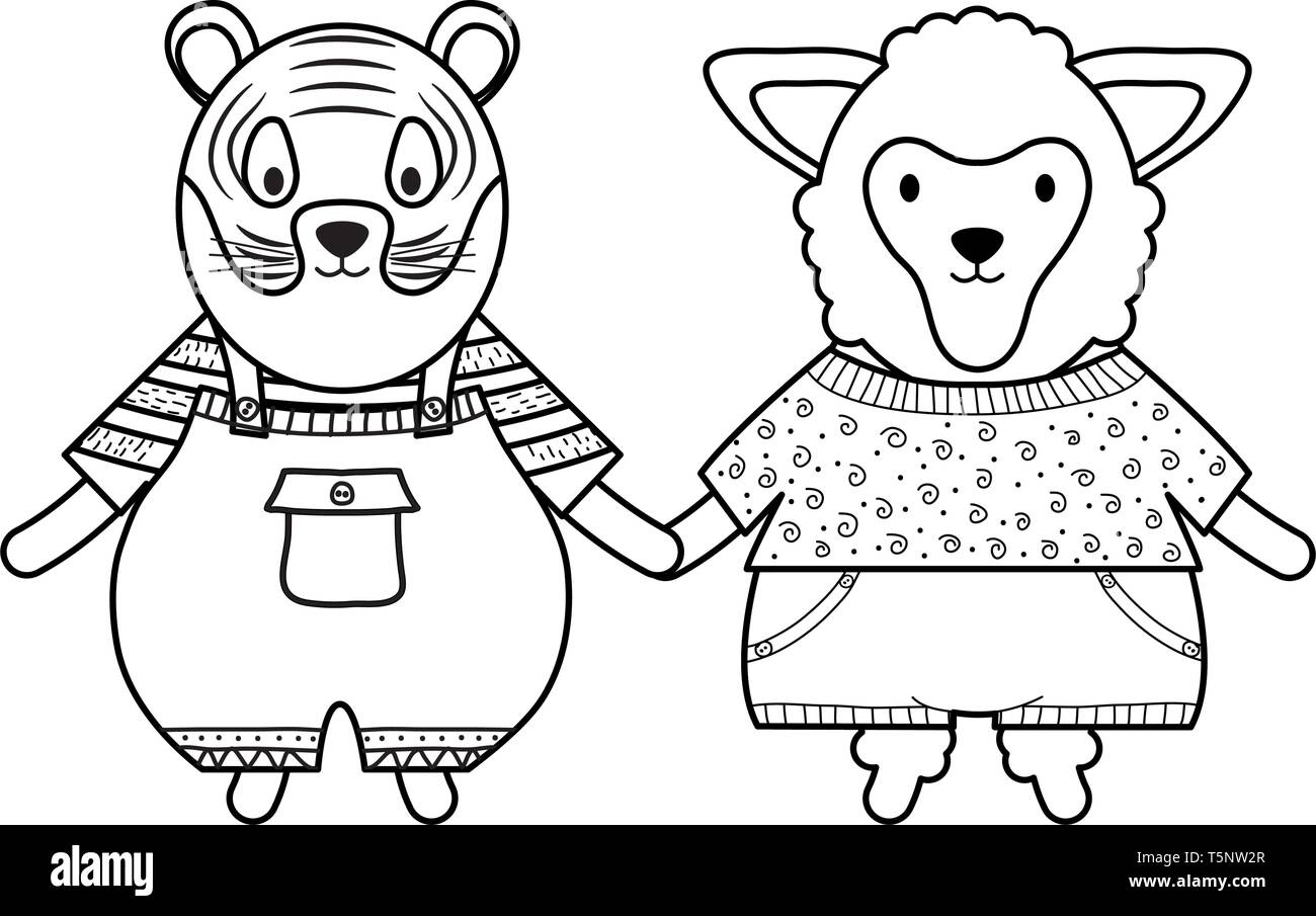 cute sheep and tiger with umbrella vector illustration design Stock ...