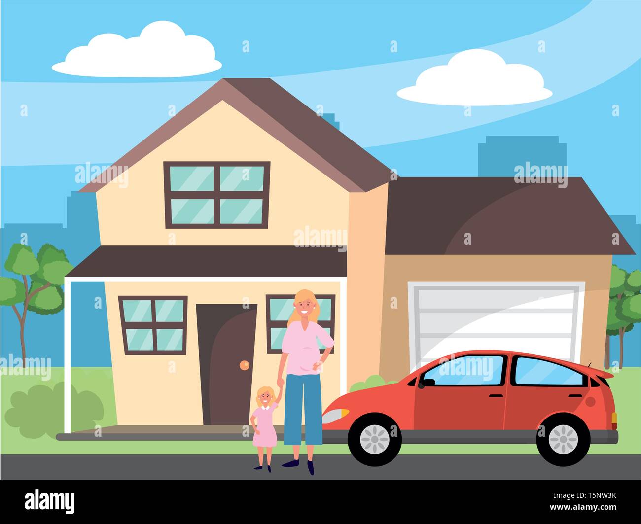 family baby care mom woman with baby at urban big house home cartoon ...