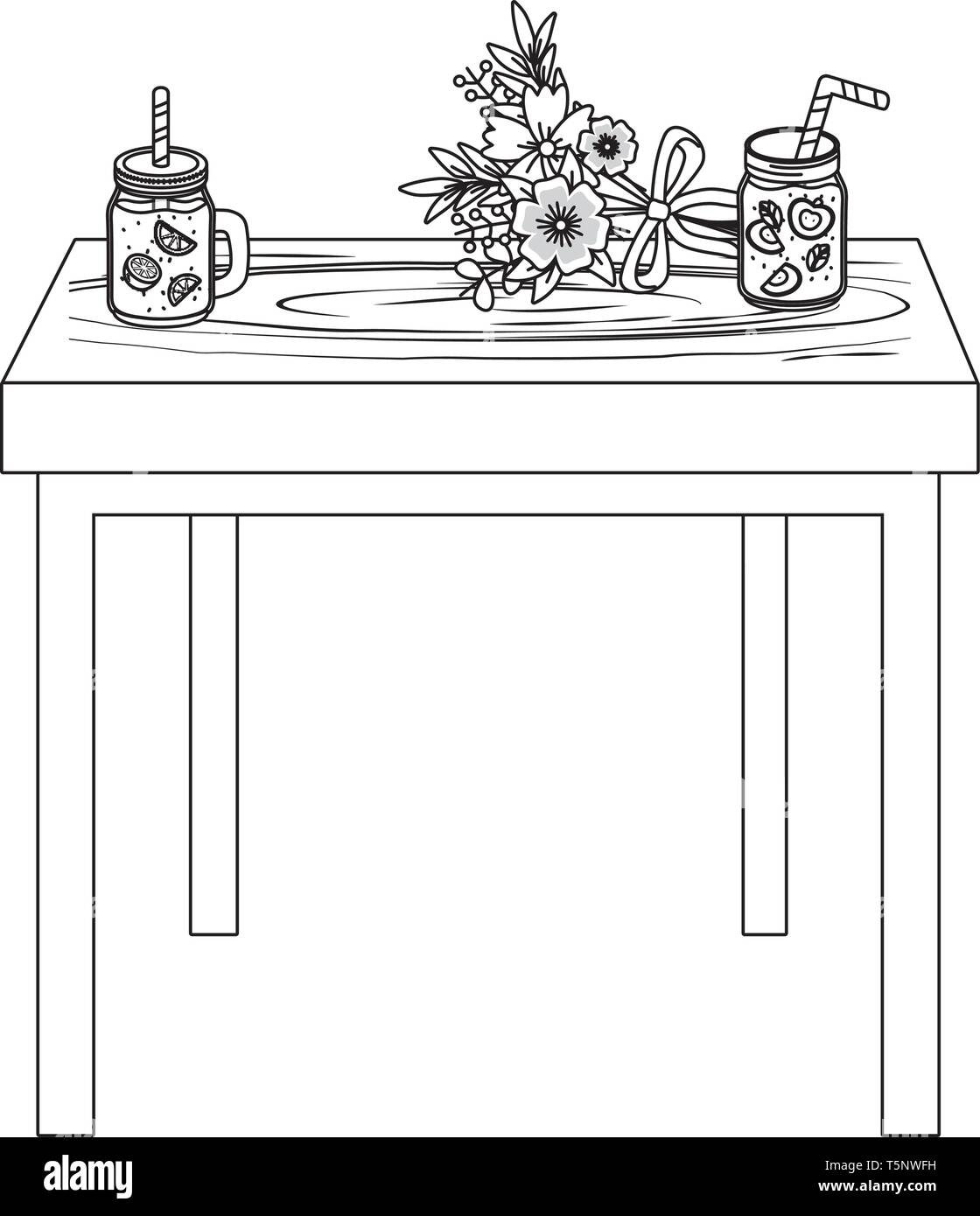 floral nature flowers over wooden table with tropicals juices glasses ...