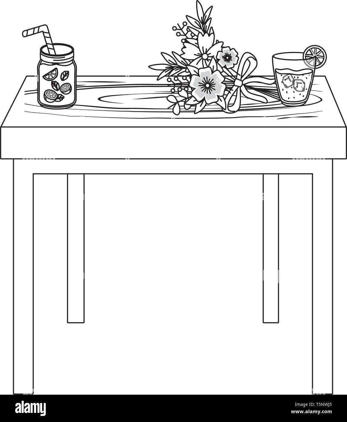 floral nature flowers over wooden table with tropicals juices glasses ...