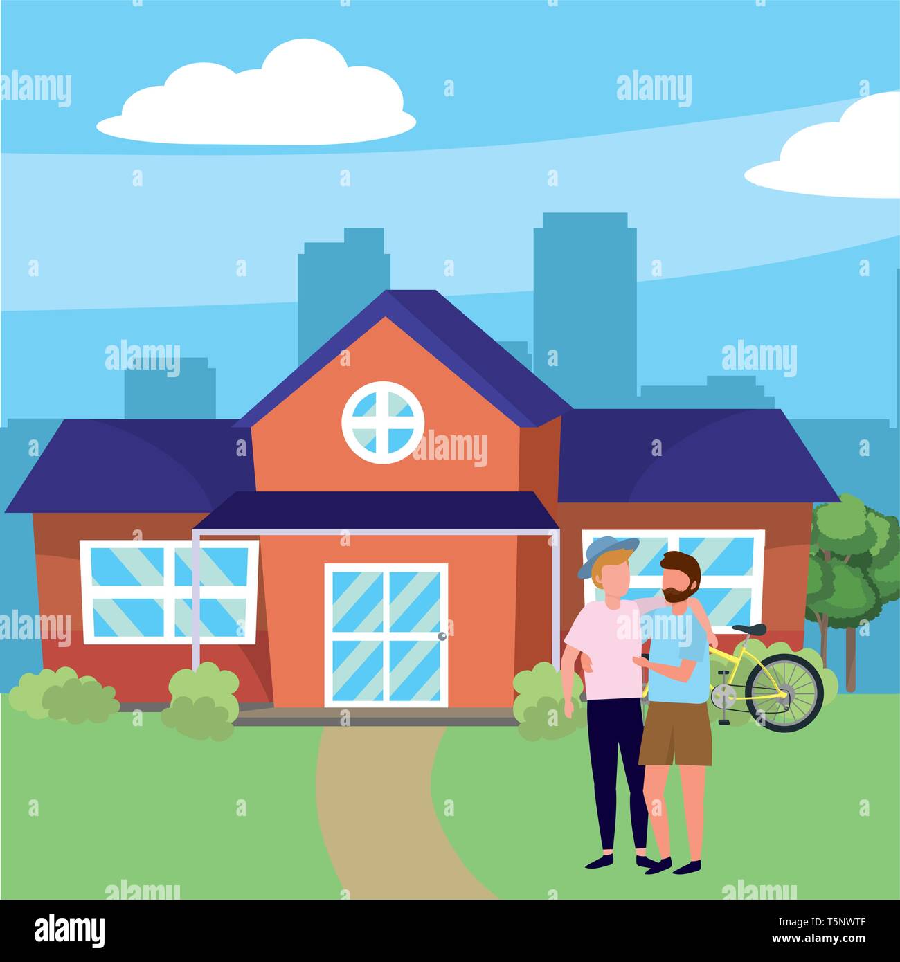 casual happy people men friends in front urban house home cartoon ...