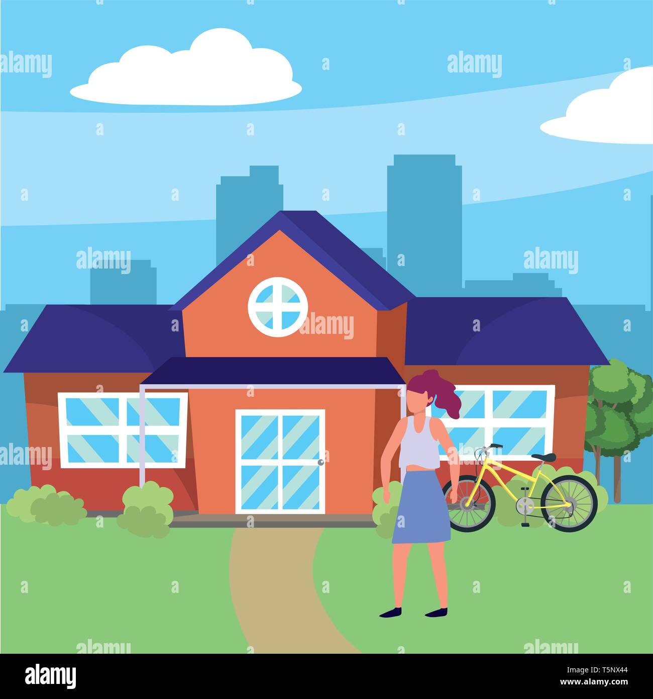 casual happy people woman in front urban house home cartoon vector ...