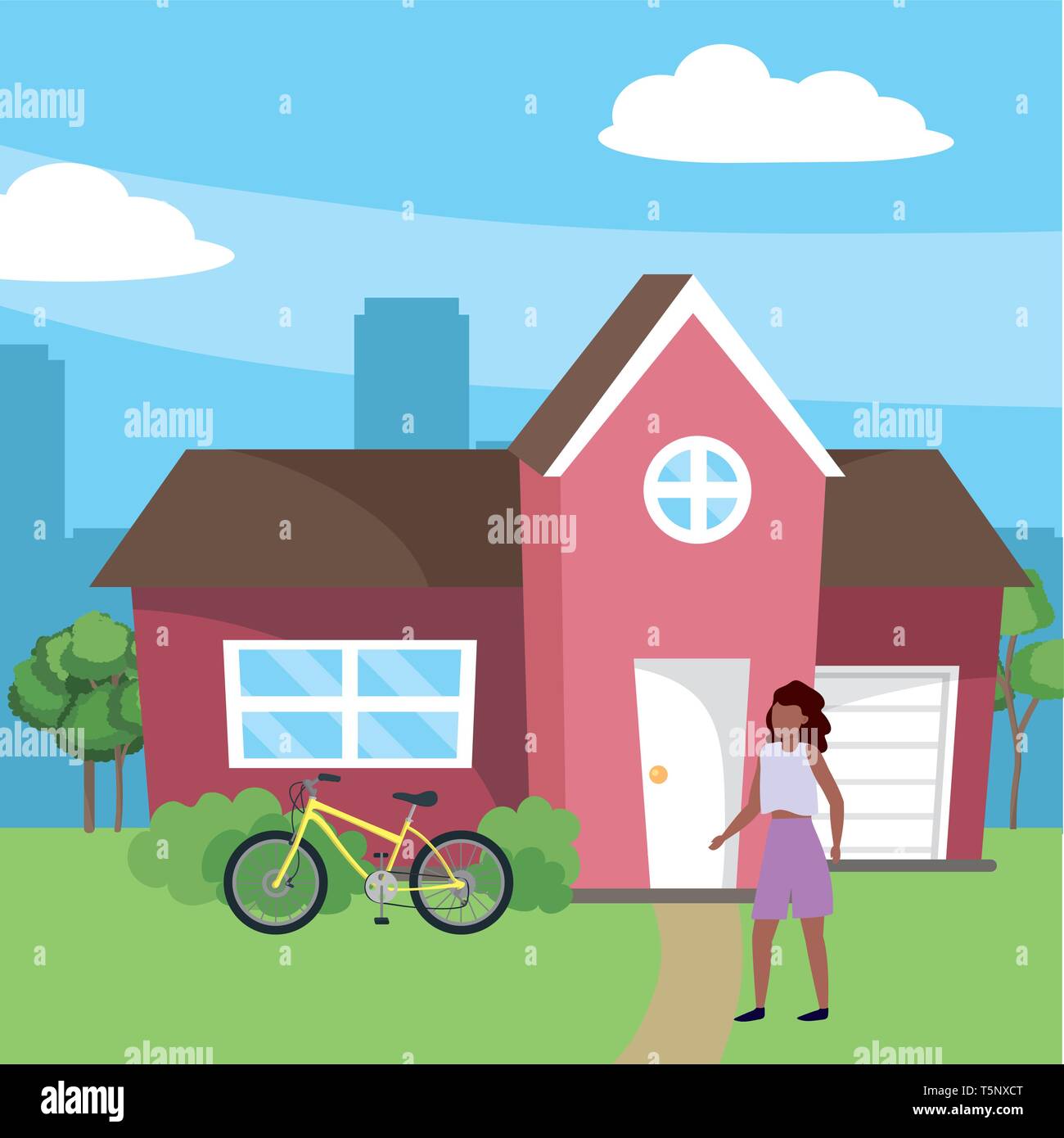 casual happy people woman in front urban house home cartoon vector ...