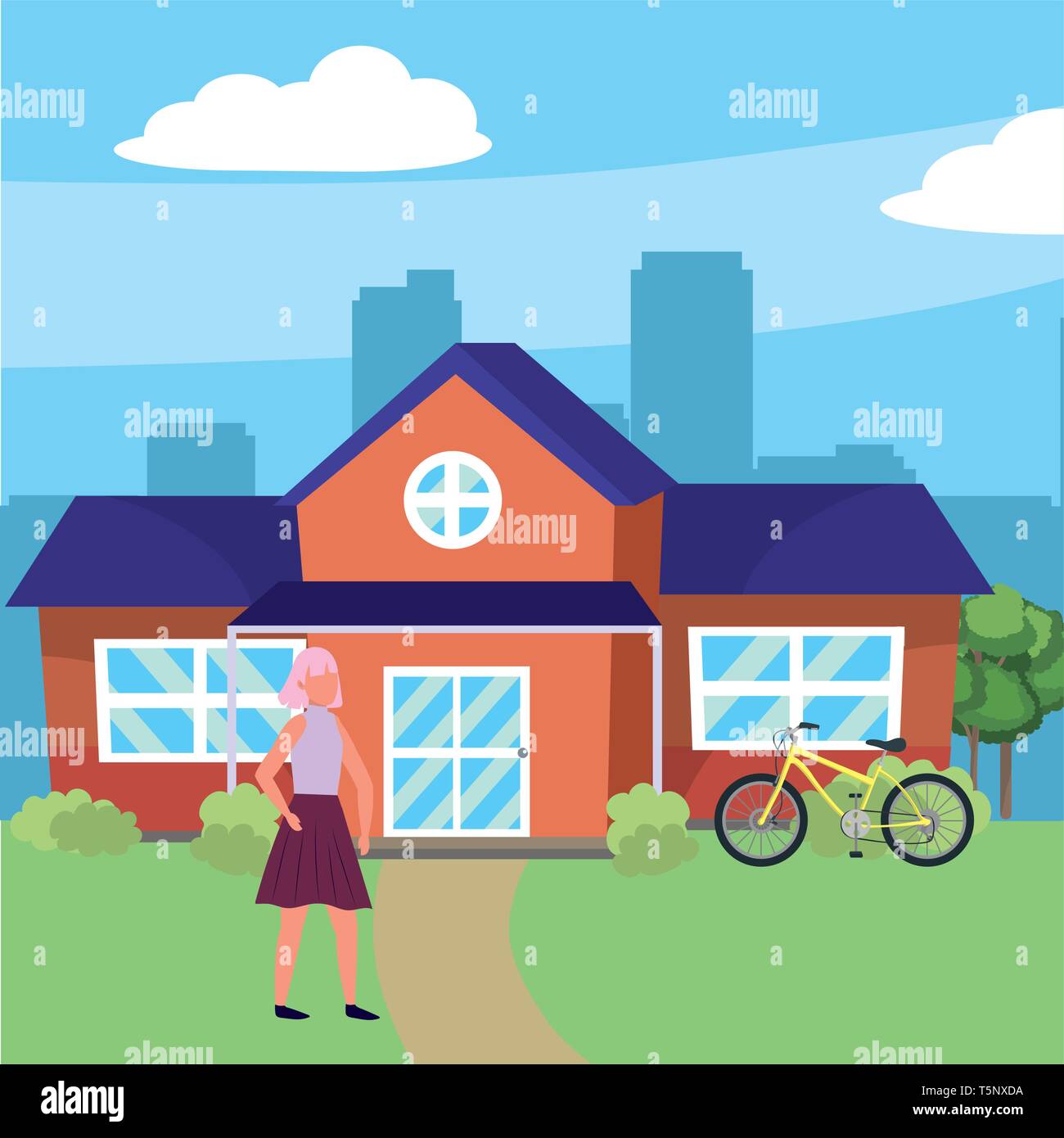 casual happy people woman in front urban house home cartoon vector ...