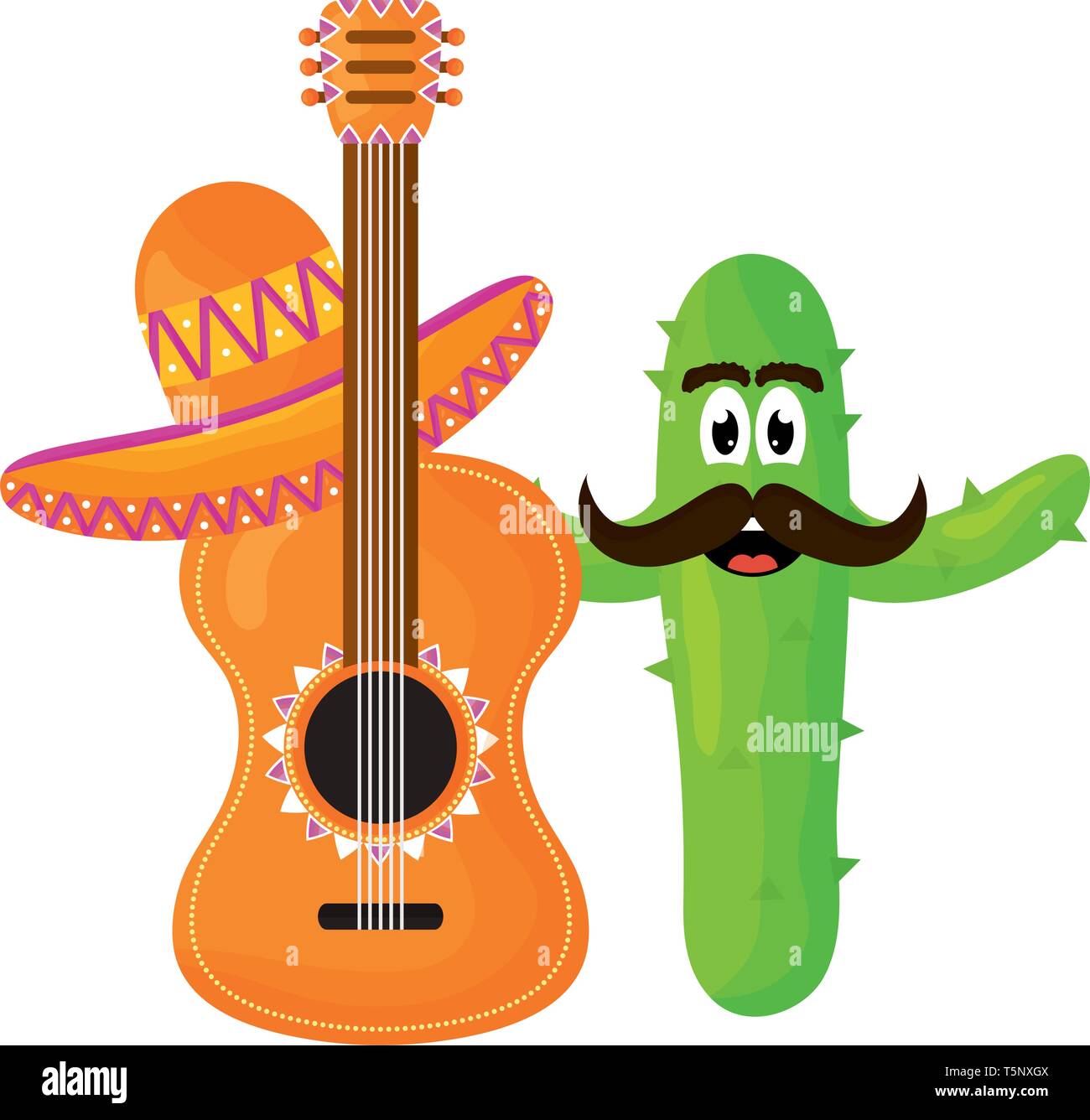 mexican cactus with hat and guitar comic character vector illustration ...