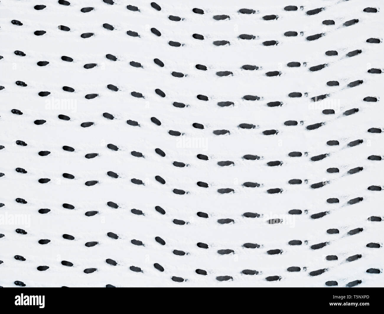 Aerial view of a human footprints on white snow on the frozen lake. Top ...