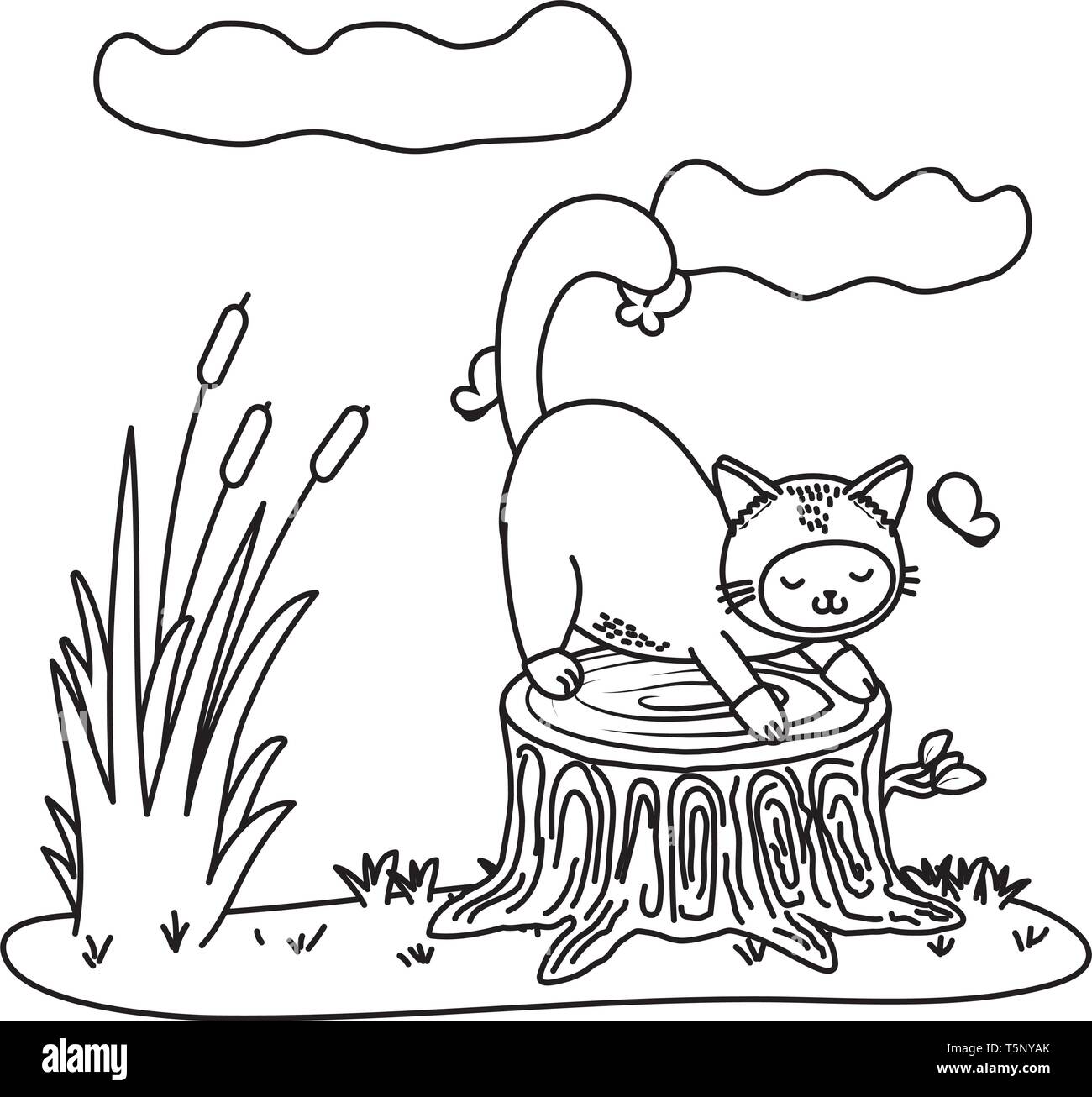 cute pet little animal cat outdoor scene cartoon vector illustration ...