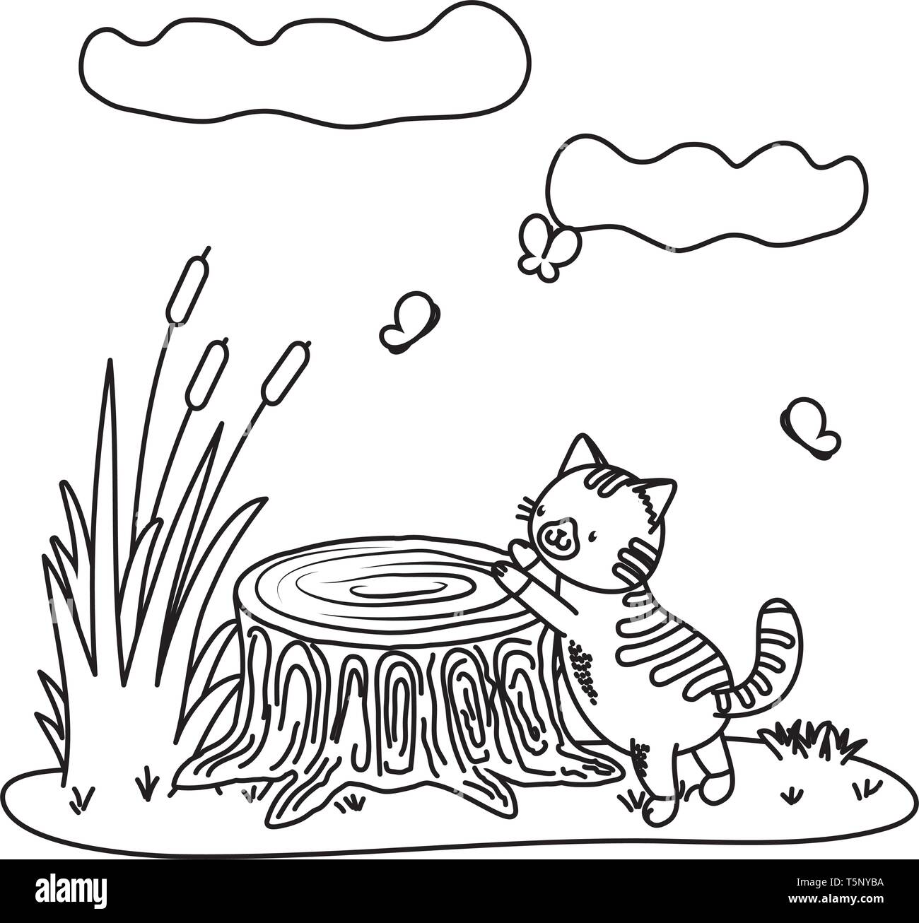 cute pet little animal cat outdoor scene cartoon vector illustration ...