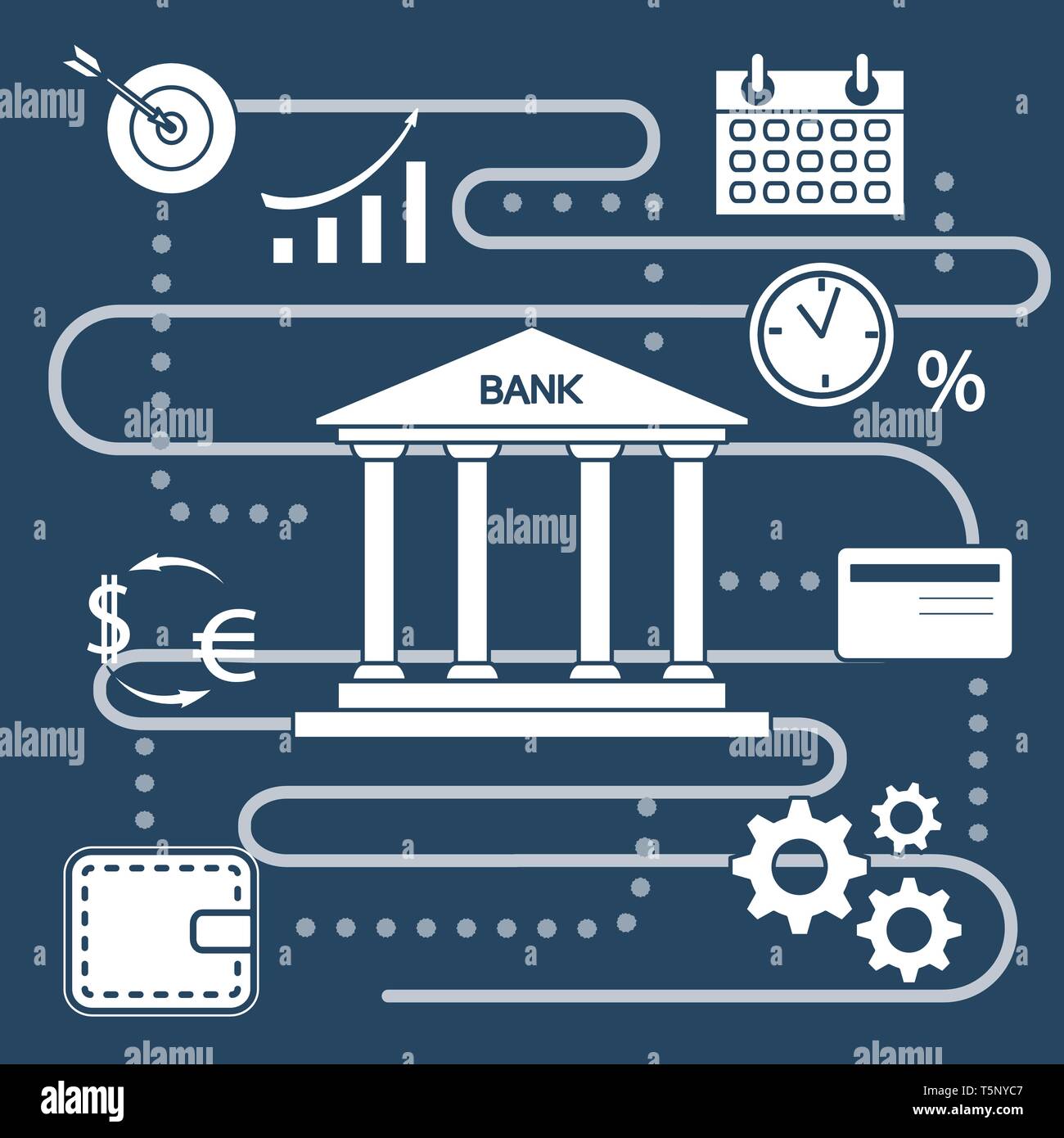 Vector illustration with banking line icon. Bank building, credit card ...