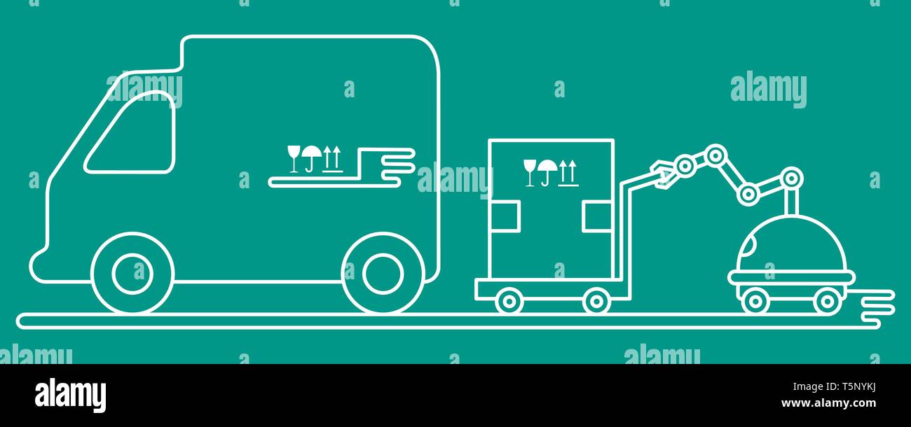 Vector illustration with robot loader loads boxes into a truck ...