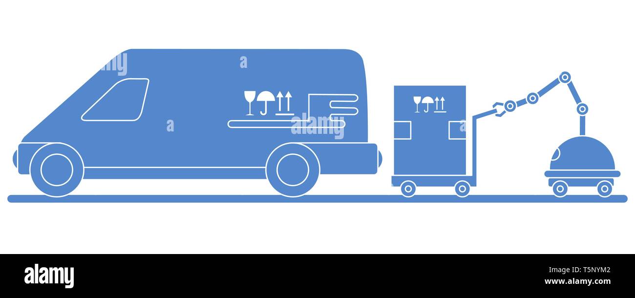 Vector illustration with robot loader loads boxes into a car ...