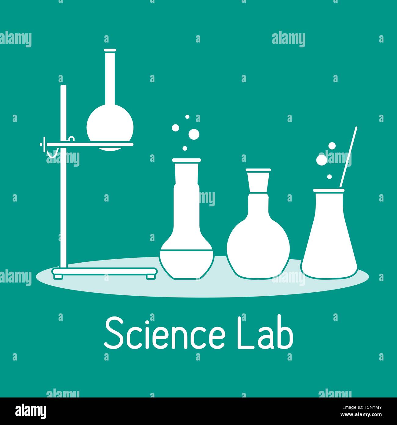 Vector science illustration with flasks, equipment stand. Laboratory ...