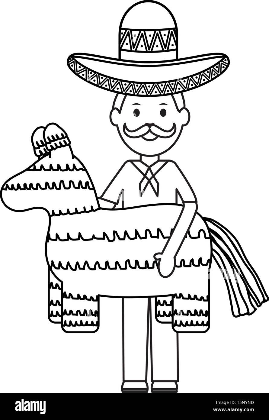 mexican man with mariachi hat and pinata vector illustration design ...