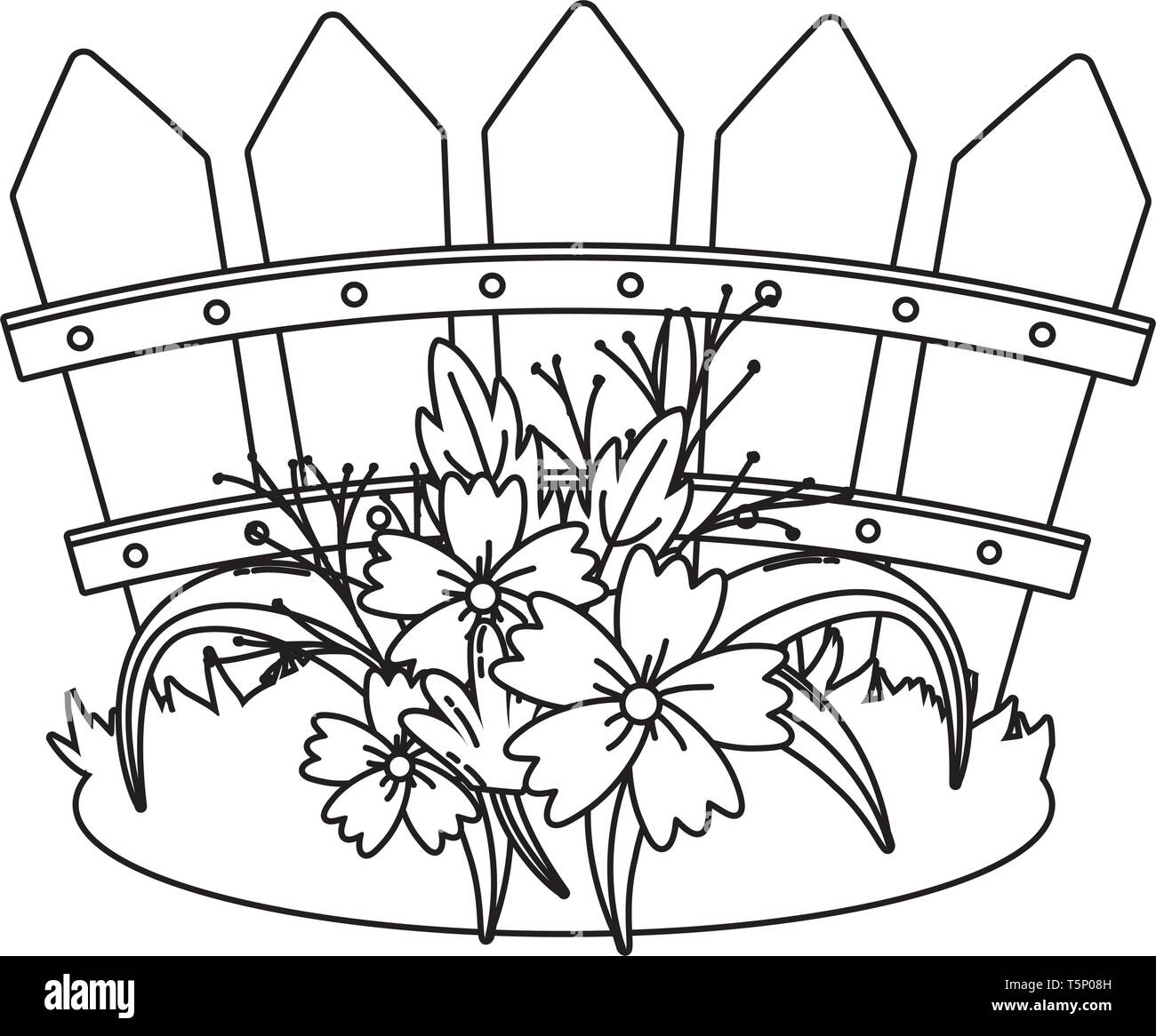 floral nature flowers garden in front wooden fence cartoon vector ...