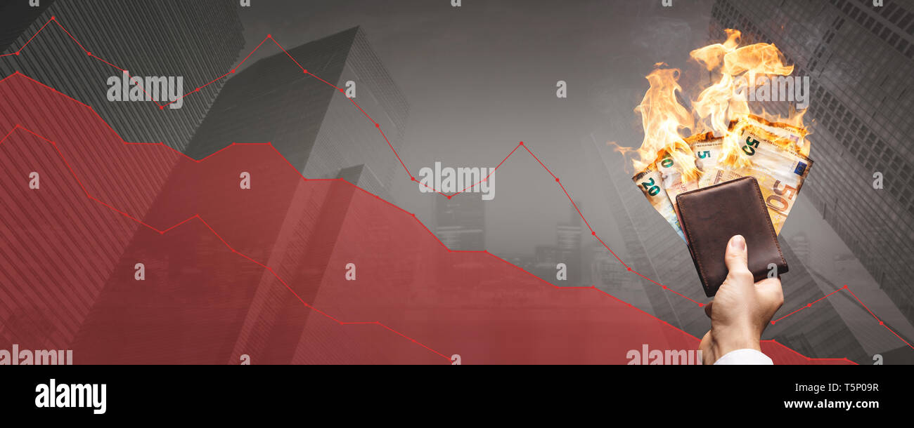 Falling stock prices – burning Euro bills in front of a declining graph ...