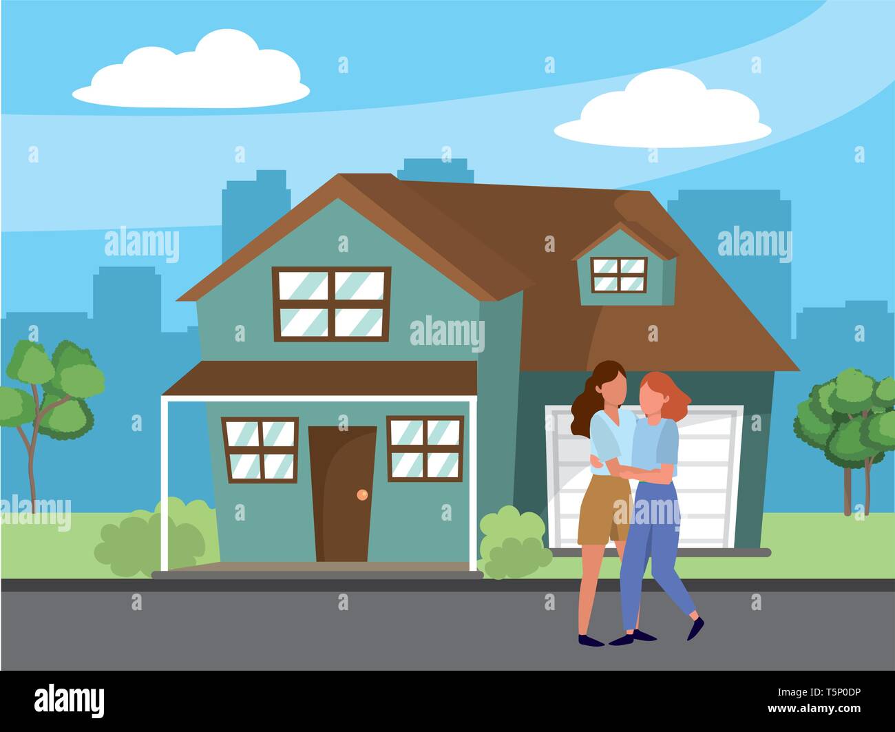 casual happy people women friends in front urban house home cartoon ...
