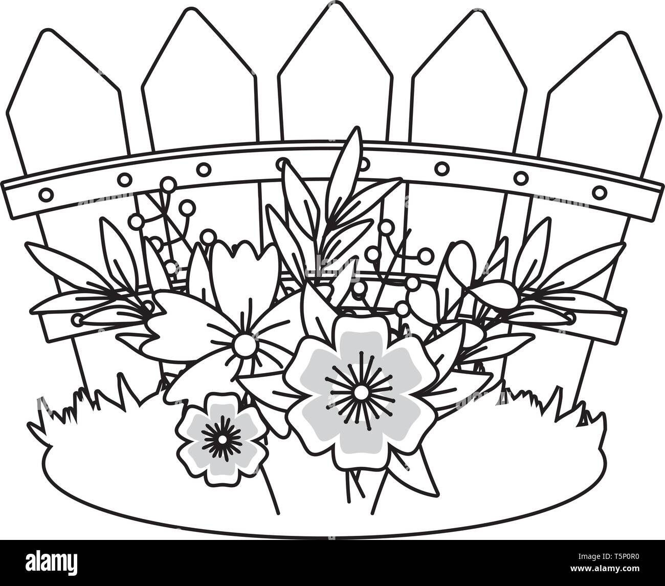 floral nature flowers garden in front wooden fence cartoon vector ...