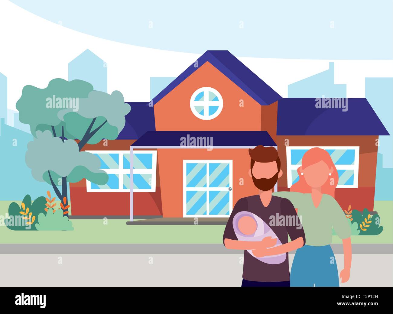 casual happy people family in front urban house home cartoon vector ...