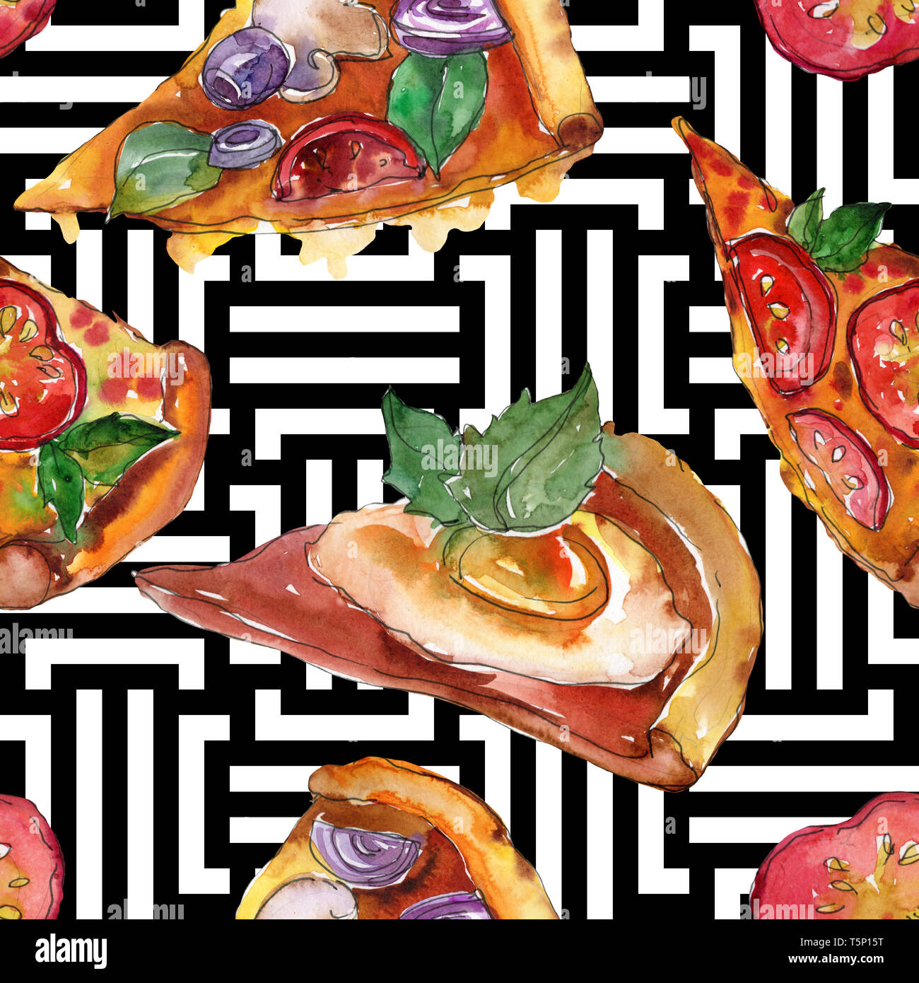 Fast food itallian pizza in a watercolor style isolated set ...