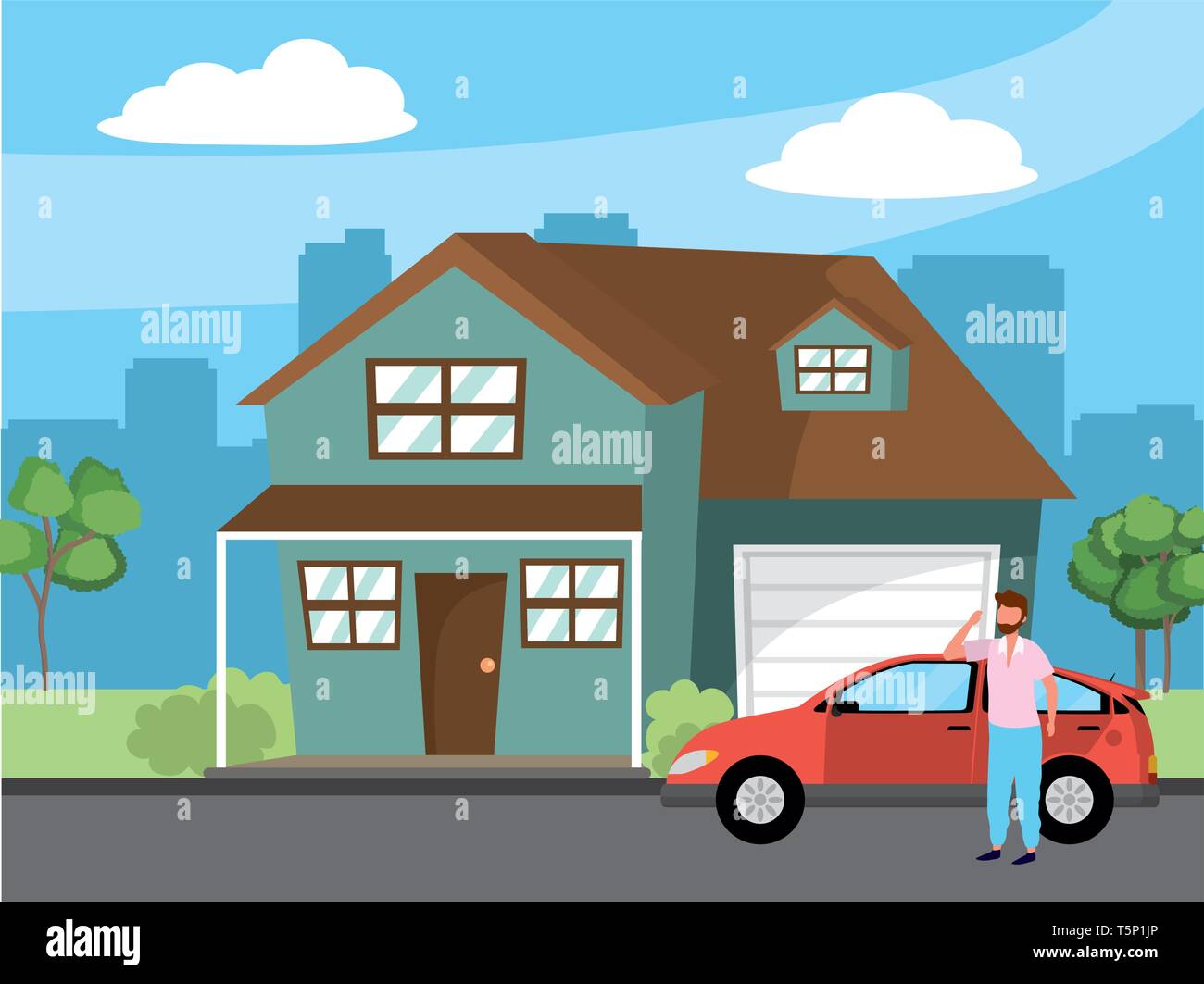 casual happy people man in front urban house home cartoon vector ...