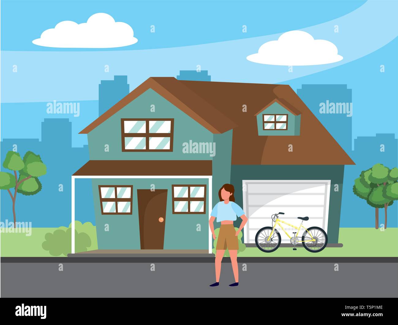 casual happy people woman in front urban house home cartoon vector ...