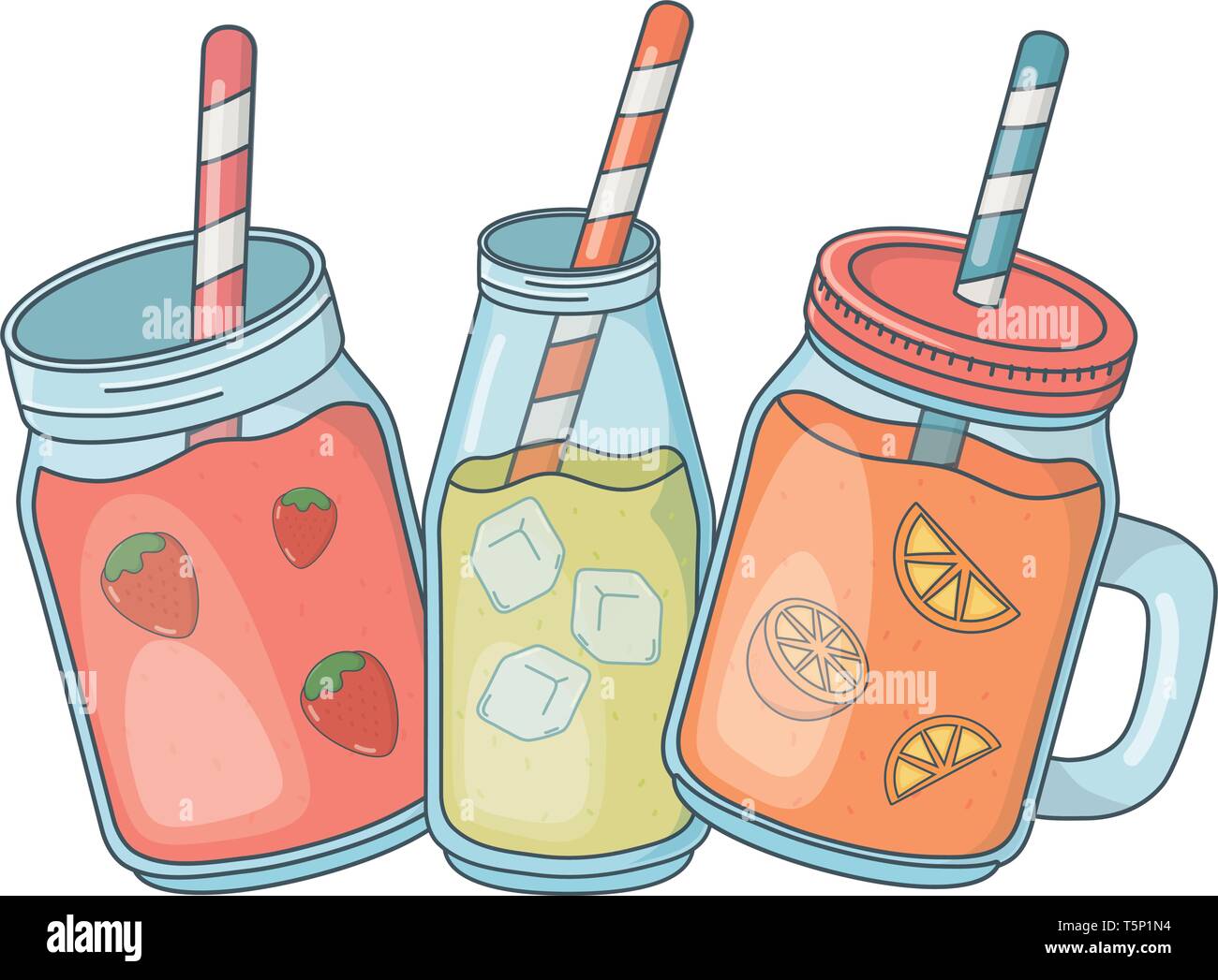 delicious tasty fresh fruits masons jars juices cartoon vector ...