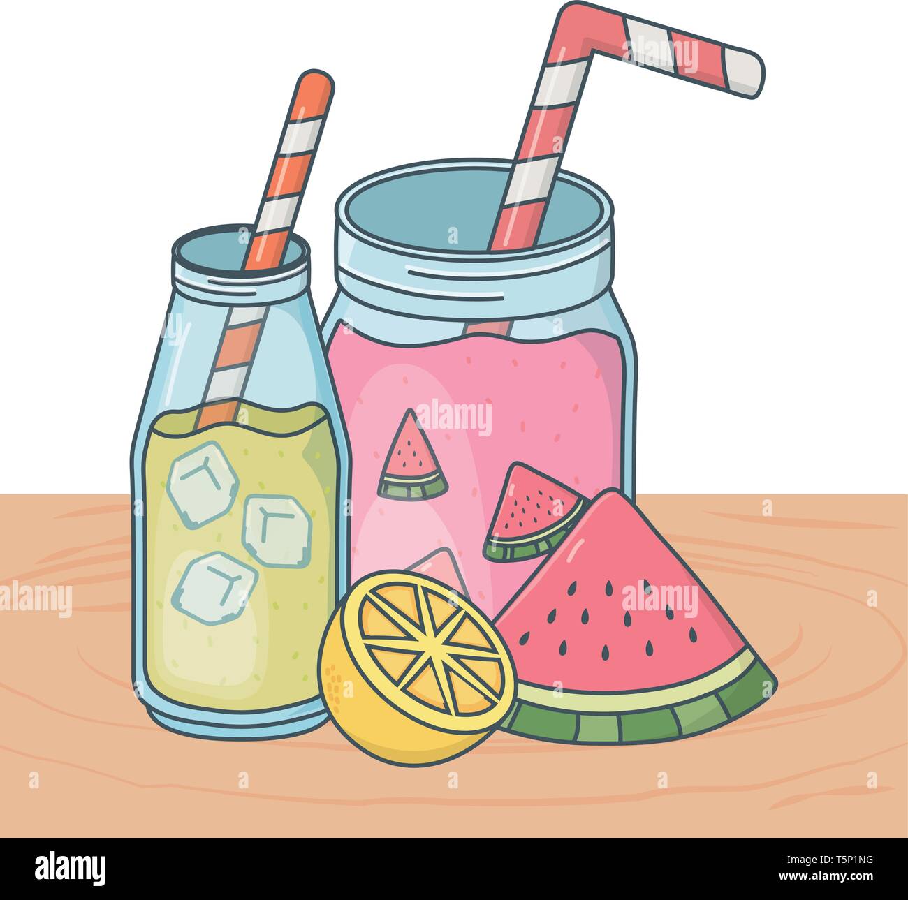 delicious healthy meal juices with fruits mix over wooden table cartoon ...