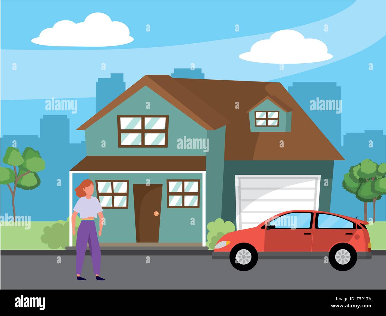 casual happy people woman in front urban house home cartoon vector ...