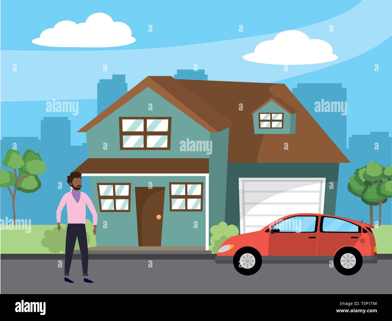 casual happy people man in front urban house home cartoon vector ...
