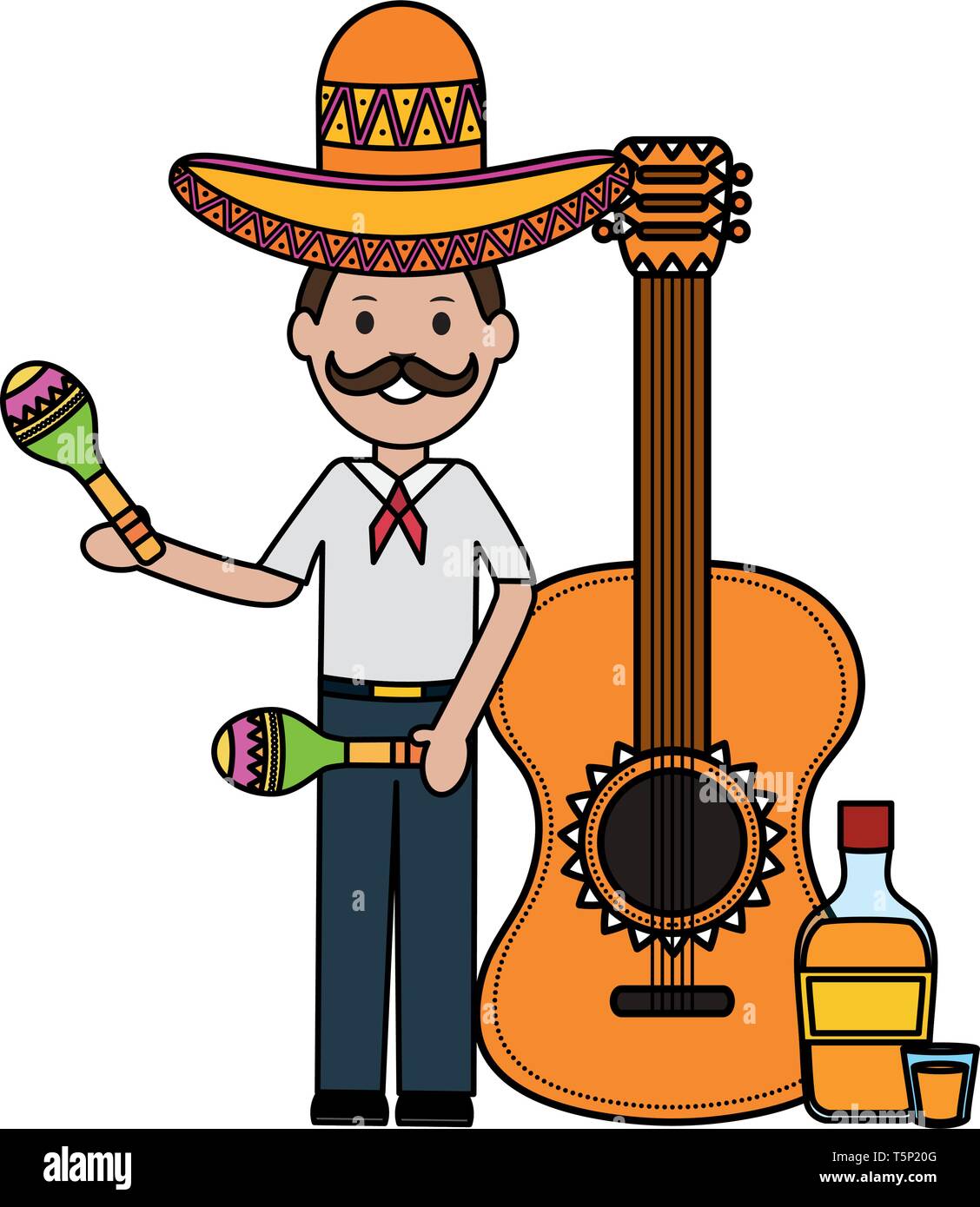 mexican man with tequila and maraca character vector illustration ...