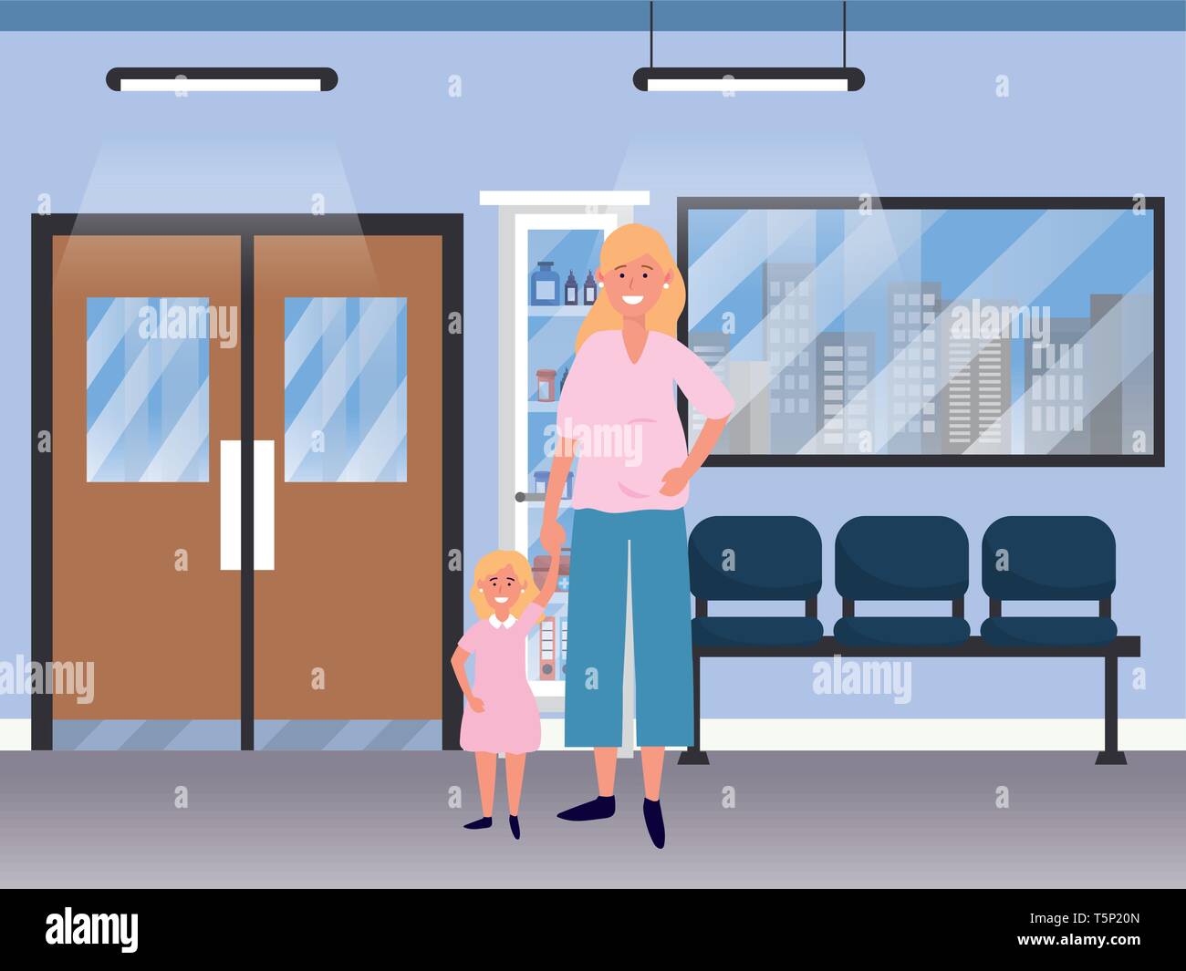 family baby care mom woman with child at medical hospital room cartoon ...