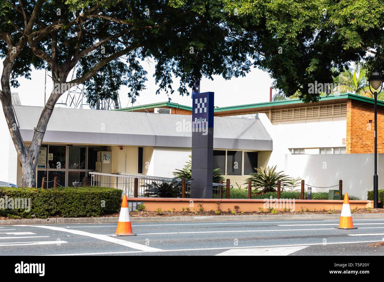 Exterior of Caboolture Police Station cordoned off with traffic cones ...