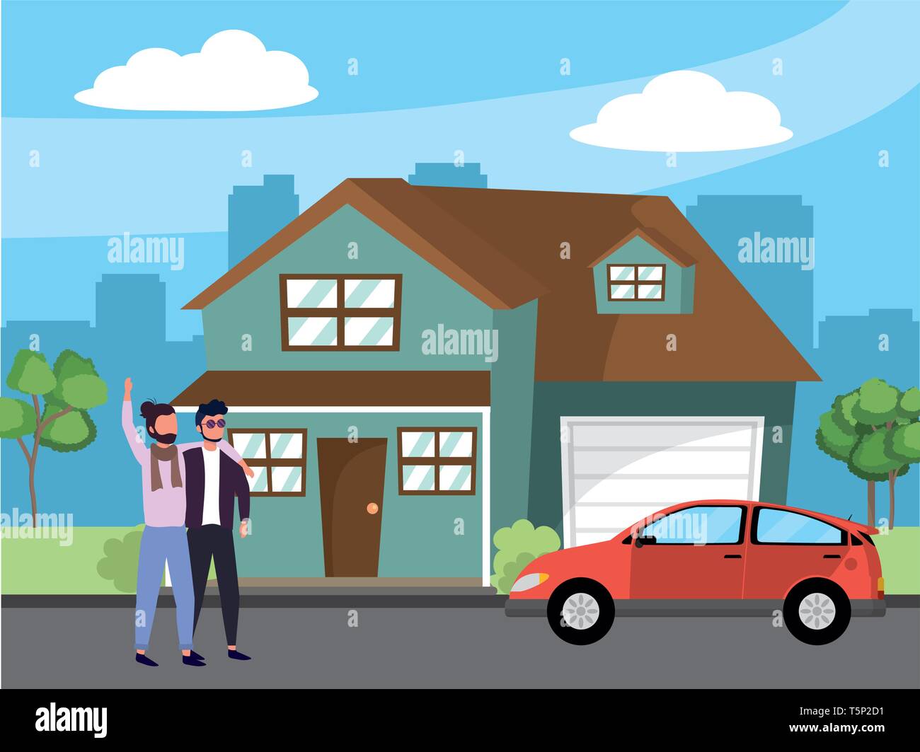 casual happy people men friends in front urban house home cartoon ...