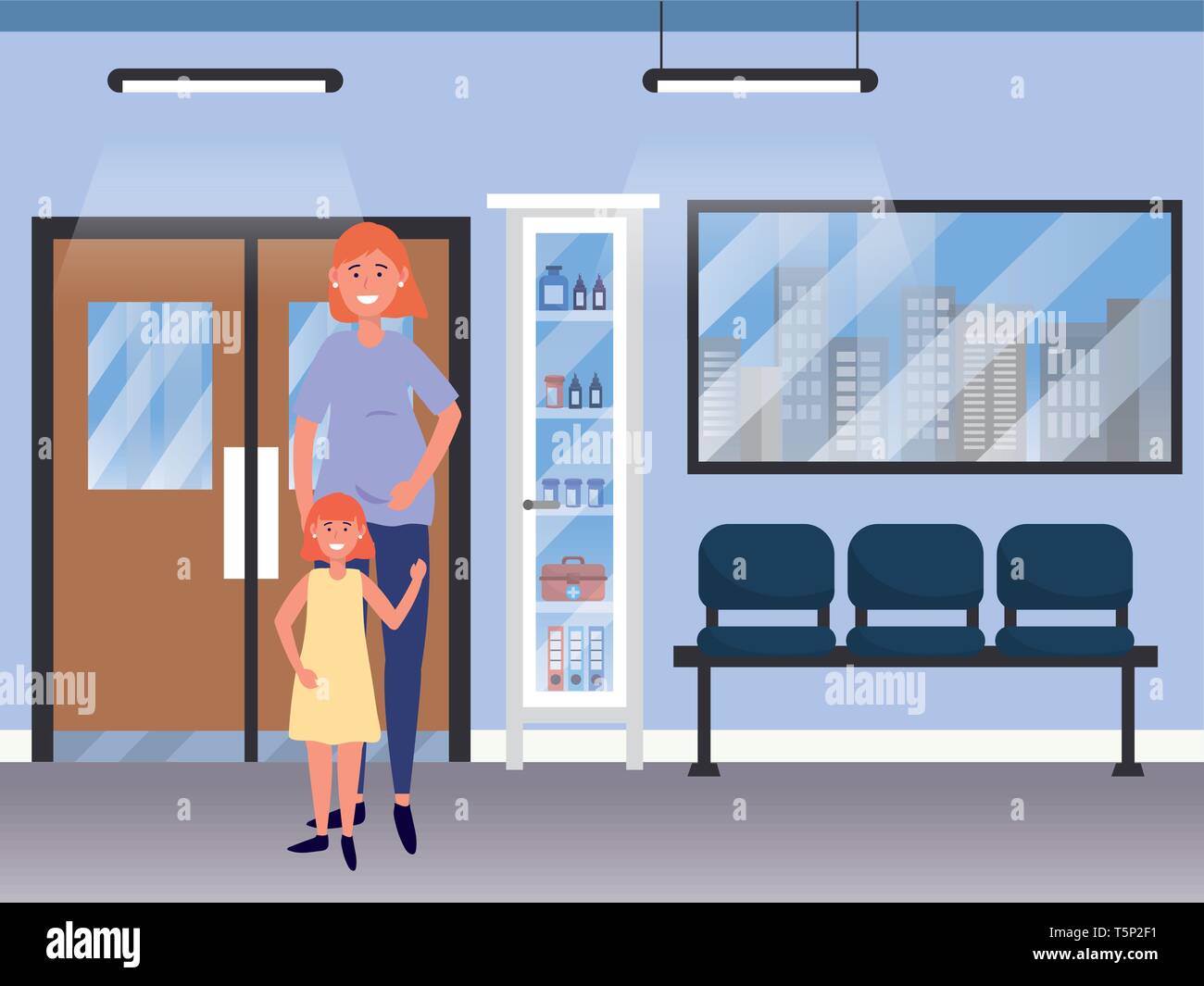 family baby care mom woman with child at medical hospital room cartoon ...